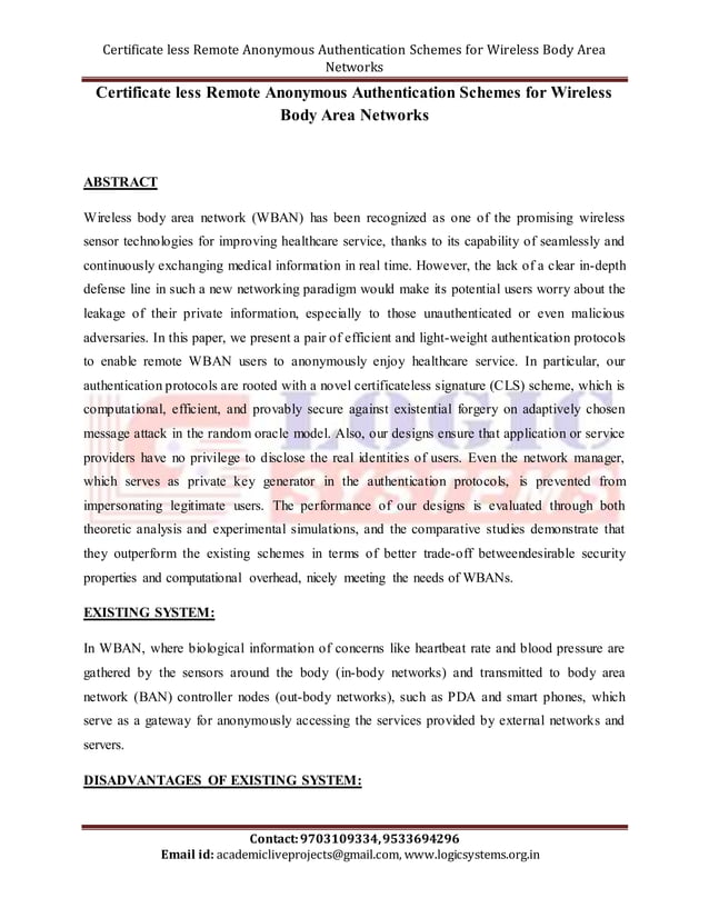 certificate less remote anonymous authentication schemes for wireless body area networks | PDF