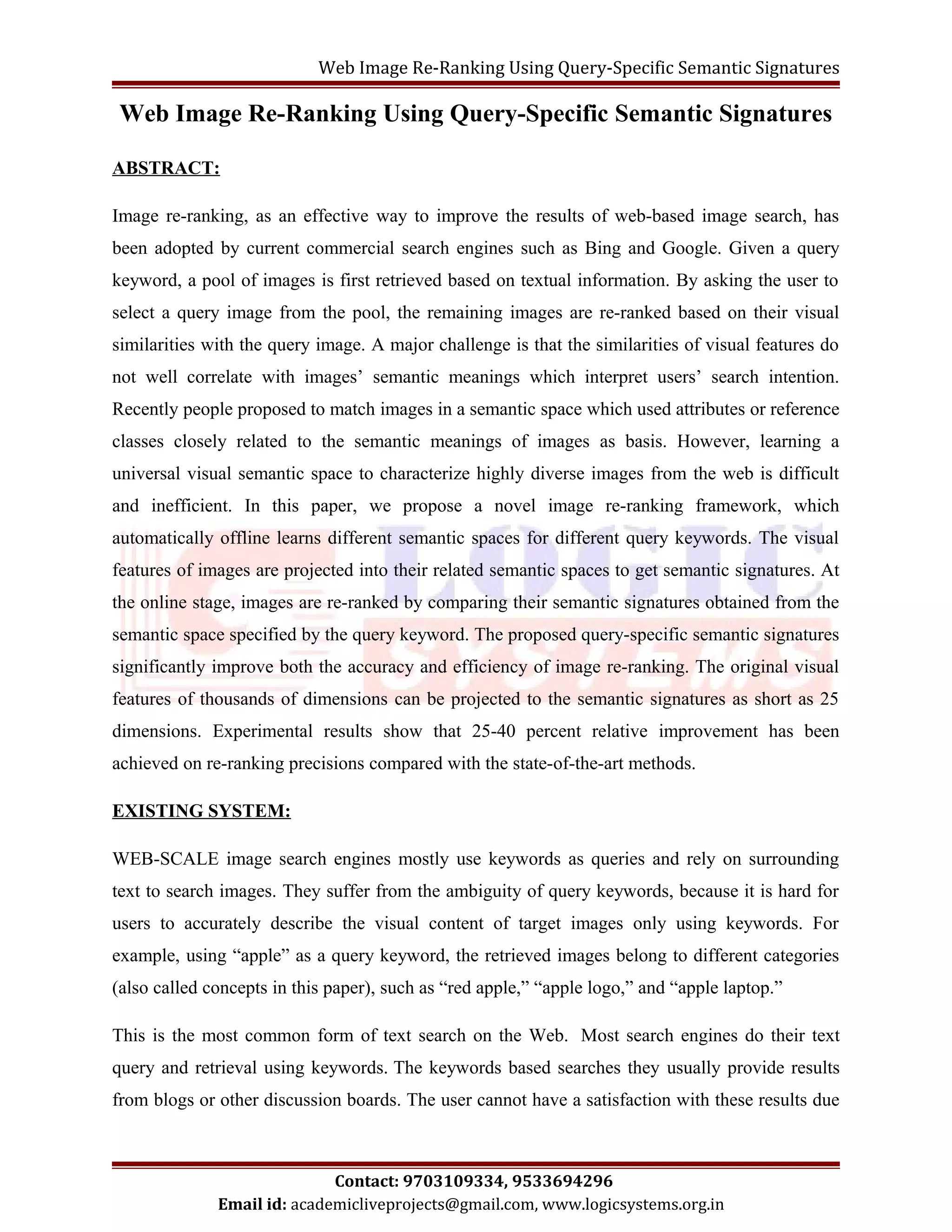 web image re-ranking using query-specific semantic signatures | DOC