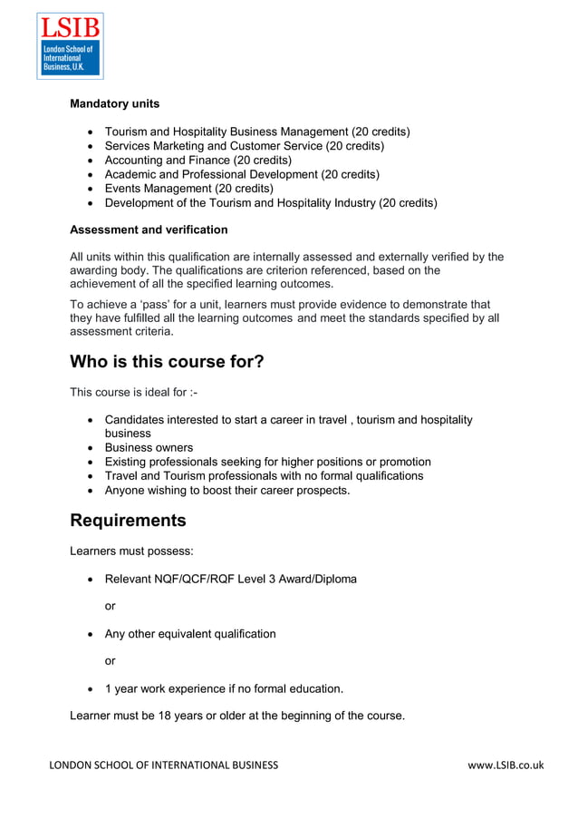 Level 4 Diploma in Tourism and Hospitality Management | PDF