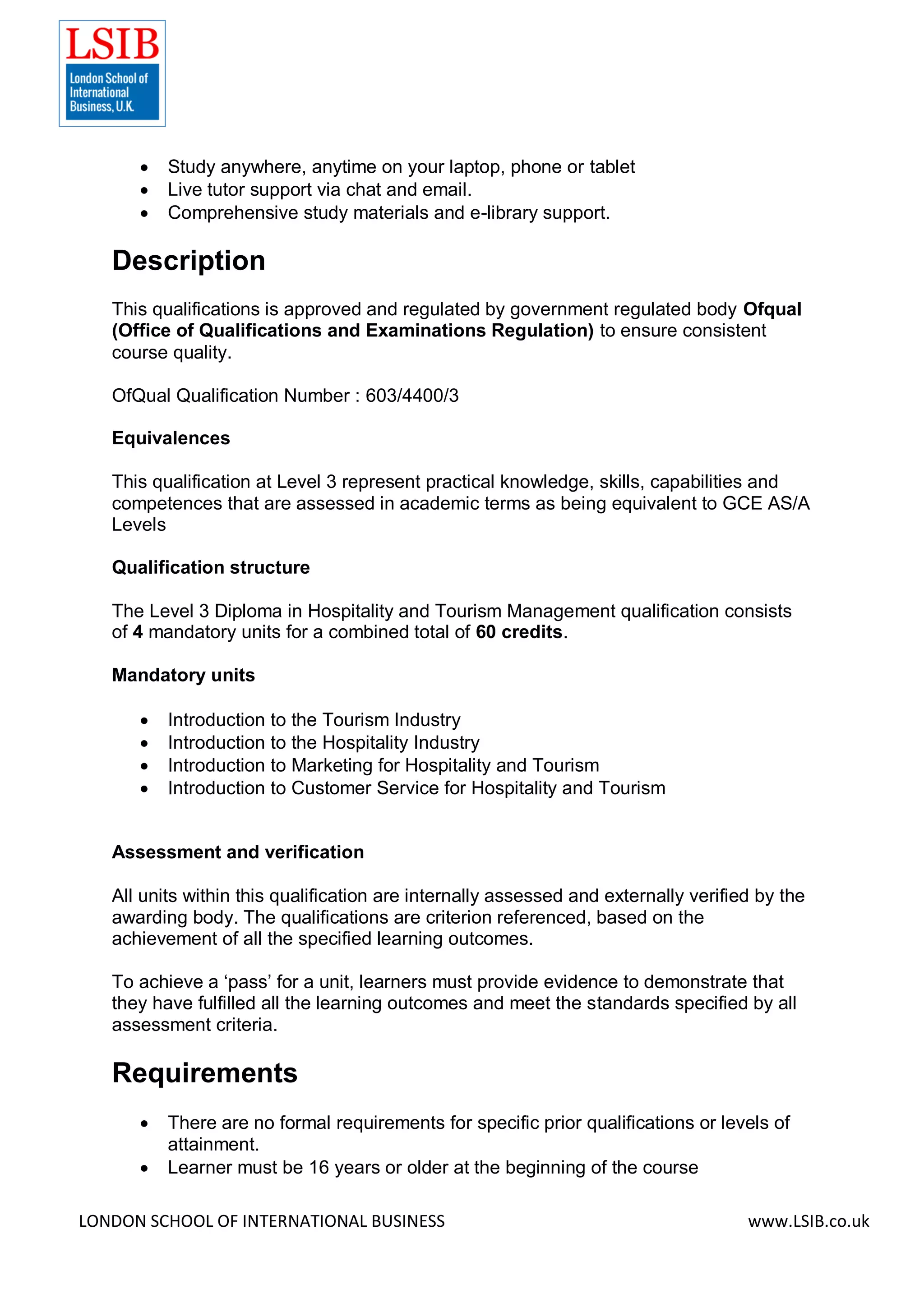 Level 3 Diploma in Hospitality and Tourism Management | PDF