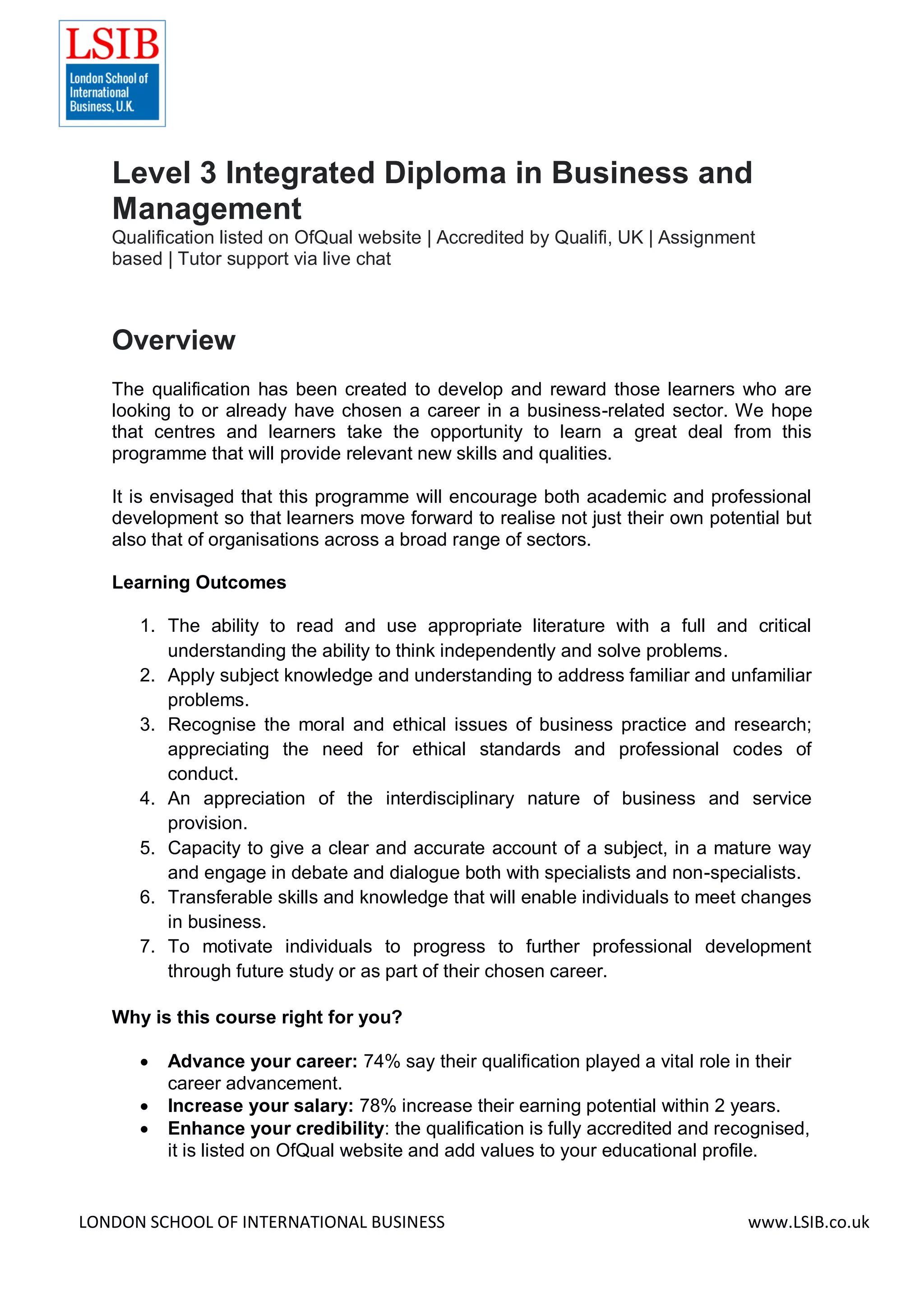 Level 3 Integrated Diploma in Business and Management | PDF