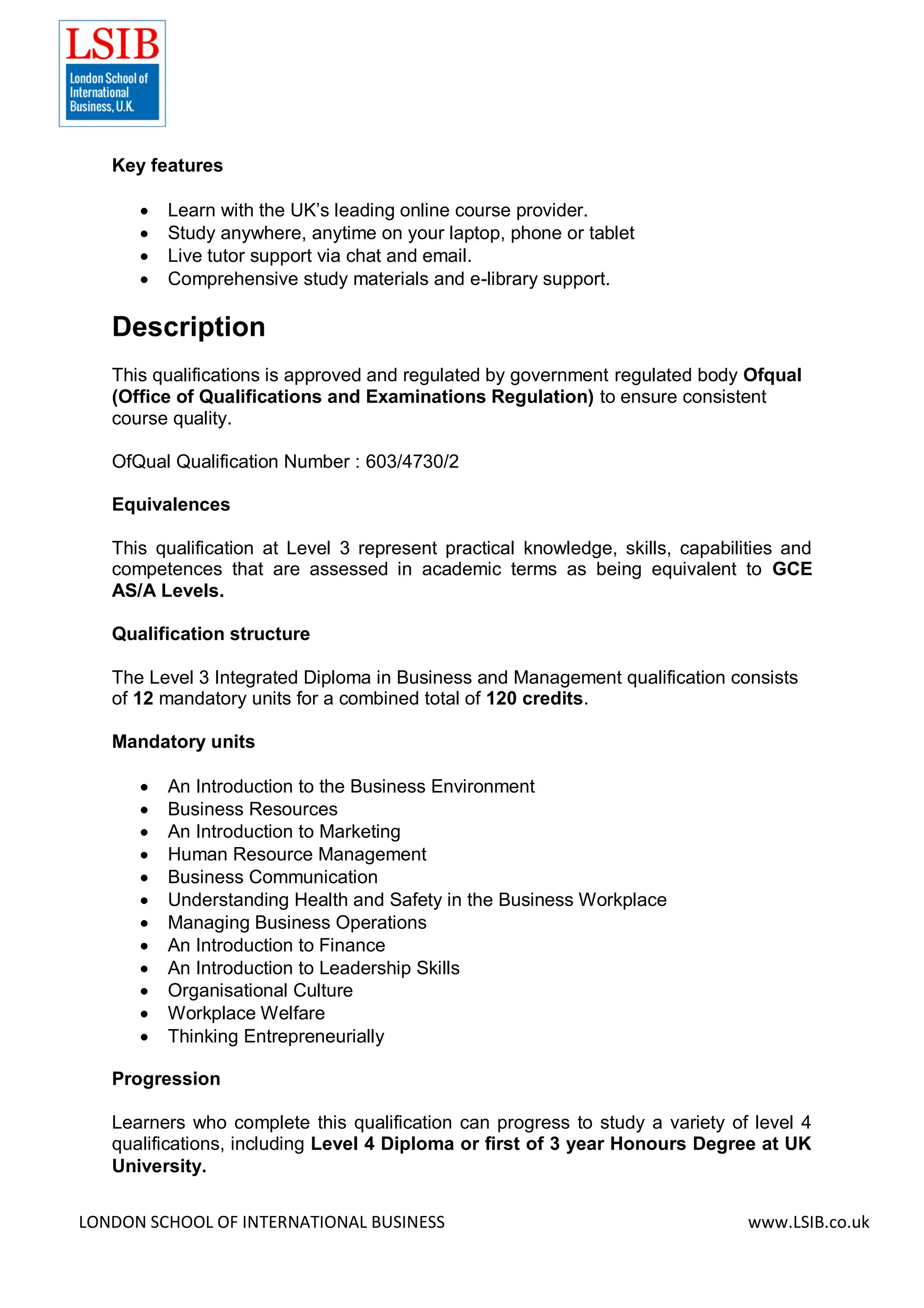 Level 3 Integrated Diploma in Business and Management | PDF