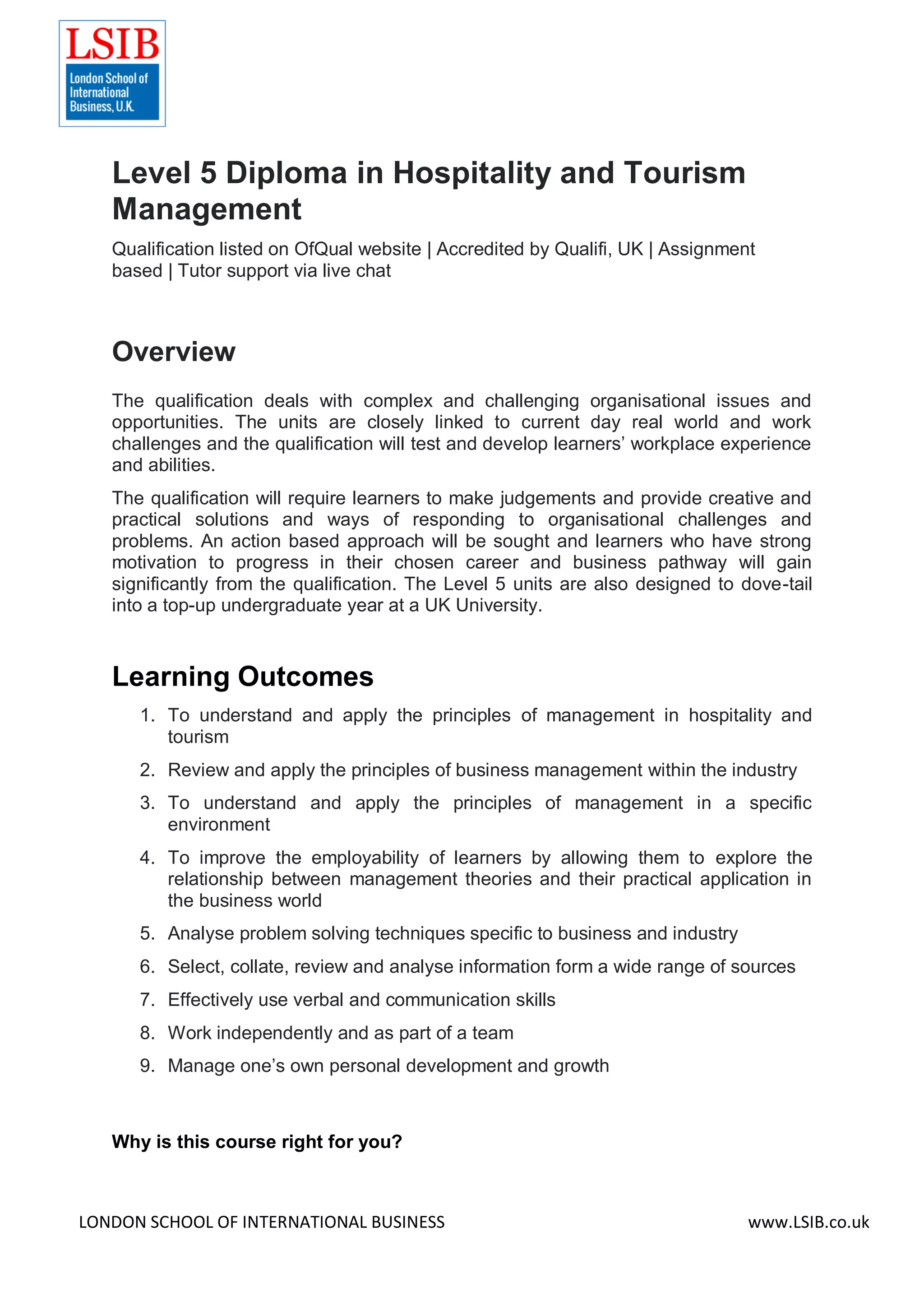 Level 5 Diploma in Hospitality and Tourism Management | PDF