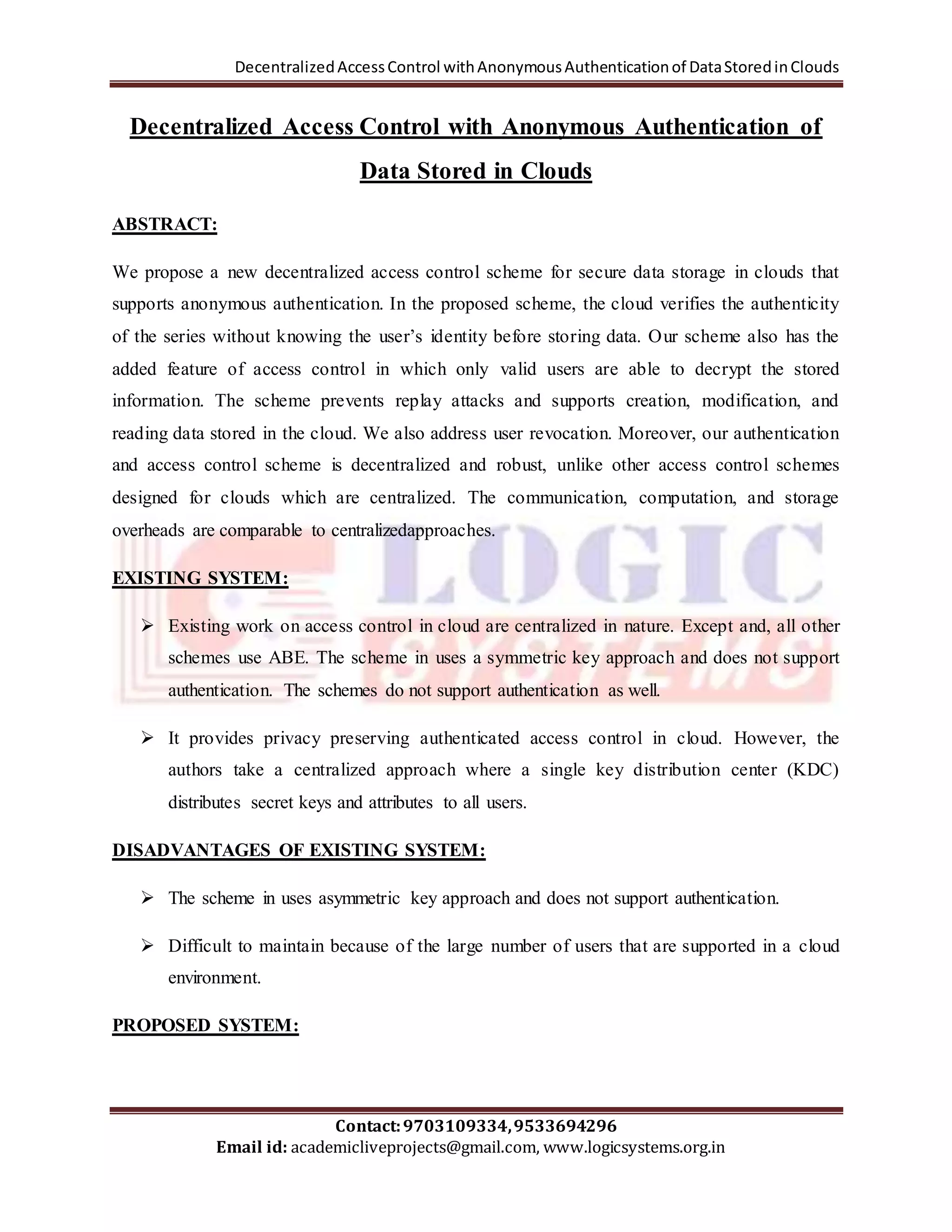 Decentralized Access Control With Anonymous Authentication Of Data Stored In Clouds Docx