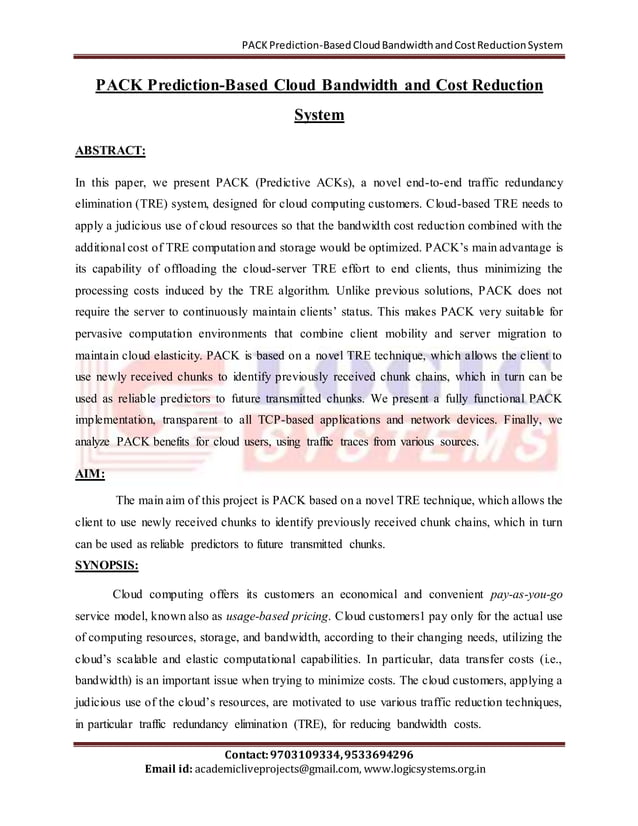 Pack Prediction Based Cloud Bandwidth And Cost Reduction System Docx Cloud Computing Internet