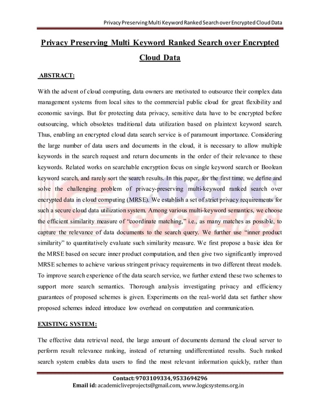 Privacy Preserving Multi Keyword Ranked Search Over Encrypted Cloud Data Pdf