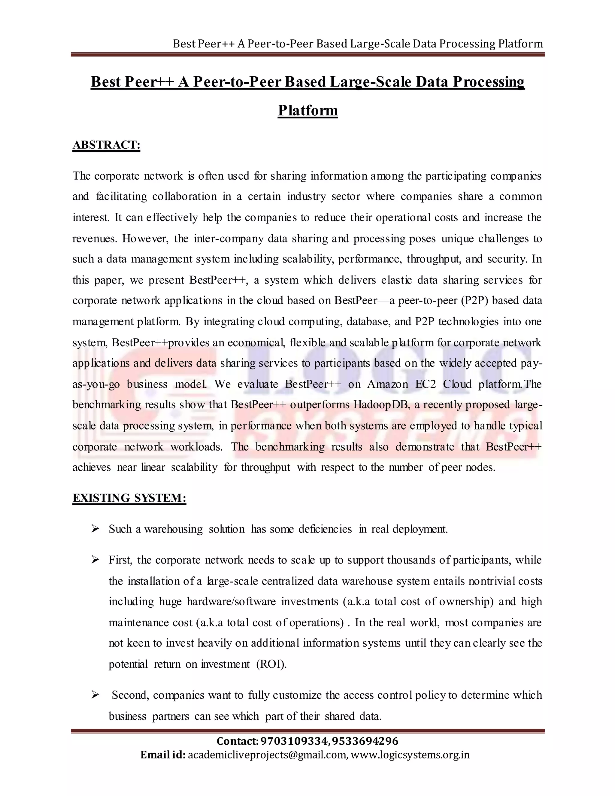 best peer++ a peer-to-peer based large-scale data processing platform | PDF