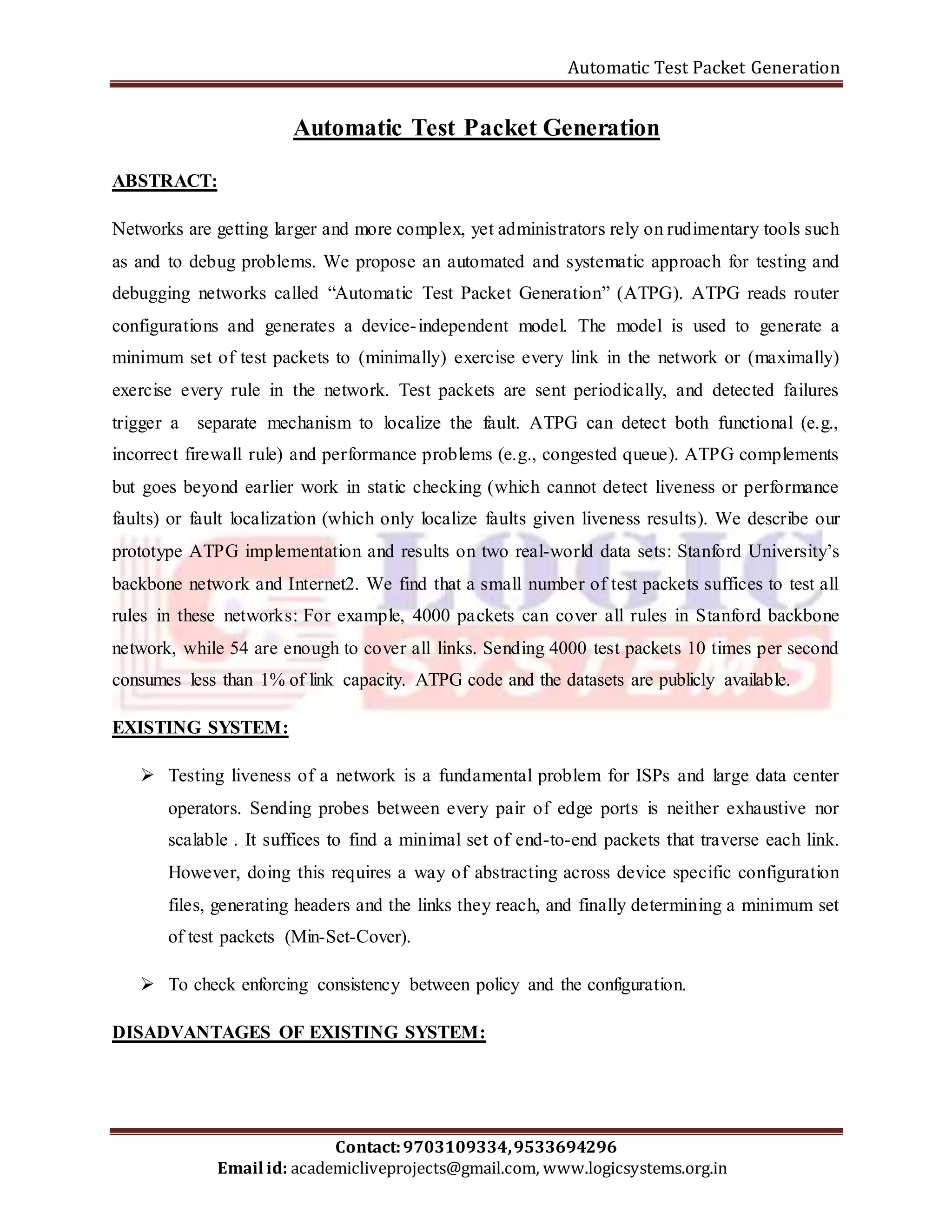 automatic test packet generation | DOCX | Computer Networking | Computing