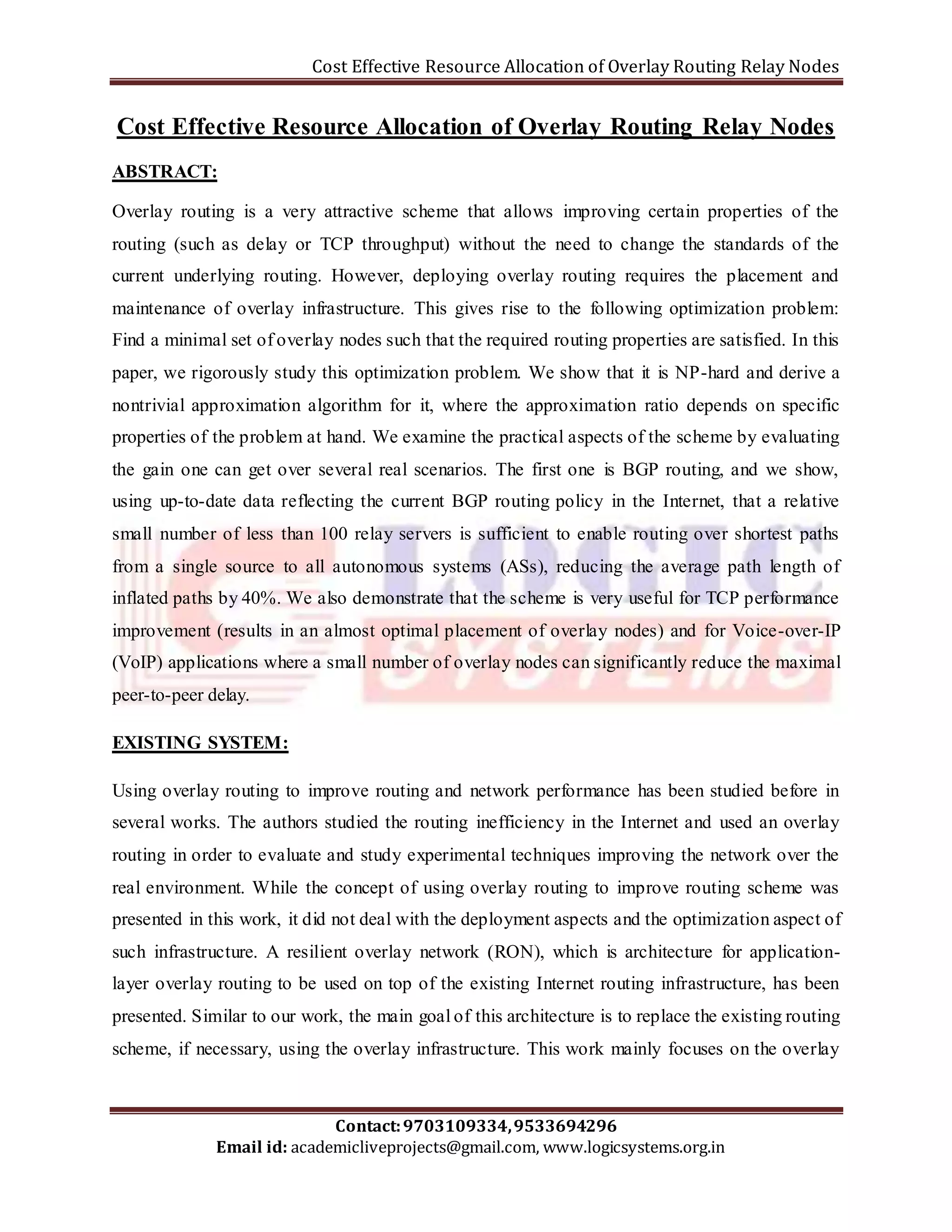 Cost Effective Resource Allocation Of Overlay Routing Relay Nodes Pdf