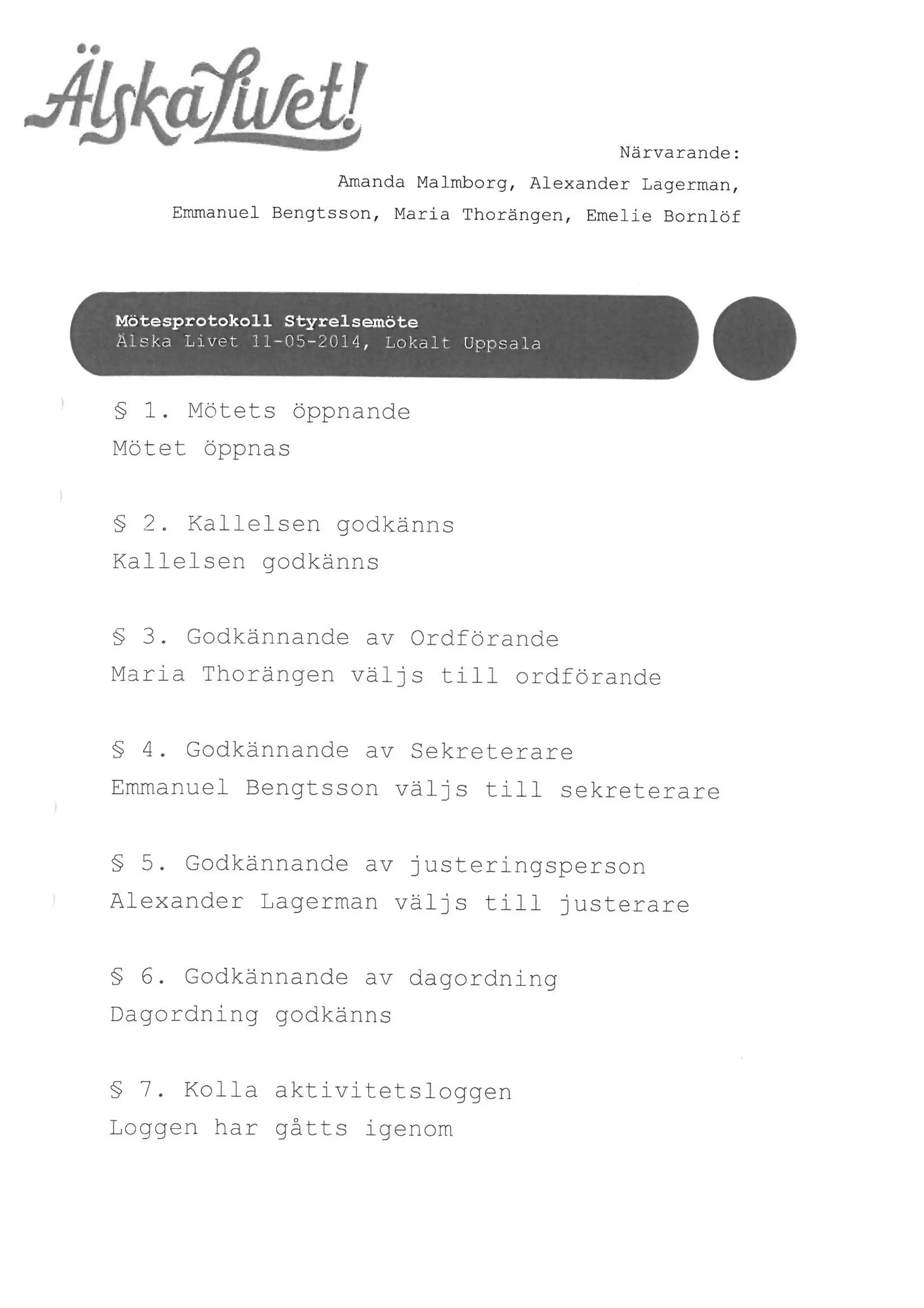 Älska livet 2014 - styrelseprotokoll | PDF