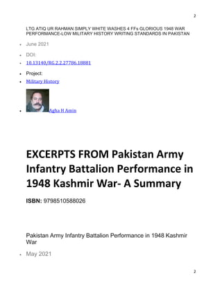LTG ATIQ UR RAHMAN SIMPLY WHITE WASHES 4 FFs GLORIOUS 1948 WAR PERFORMANCE-LOW MILITARY HISTORY ...
