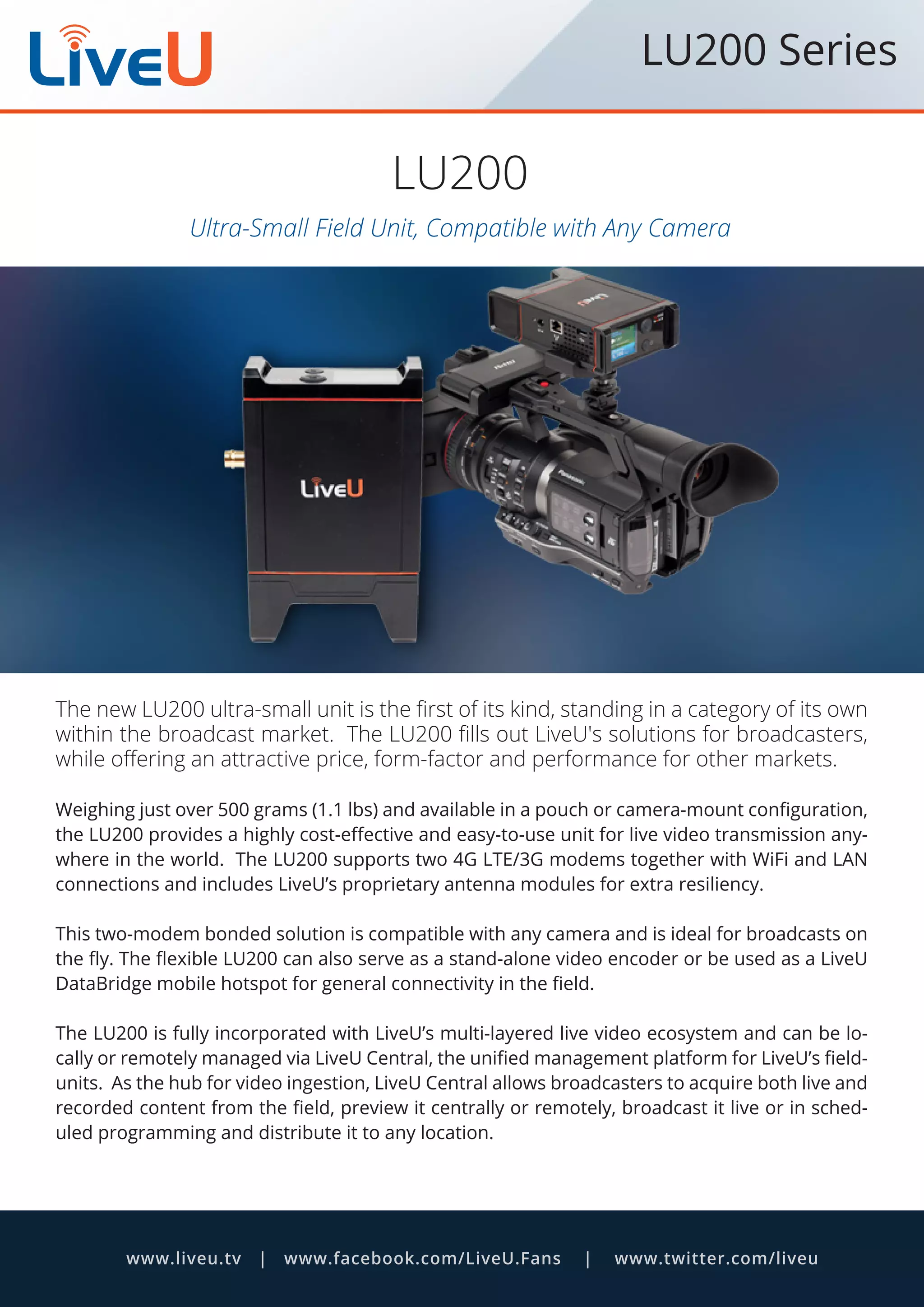 LiveU LU200 Datasheet - Live Webcasting | PDF