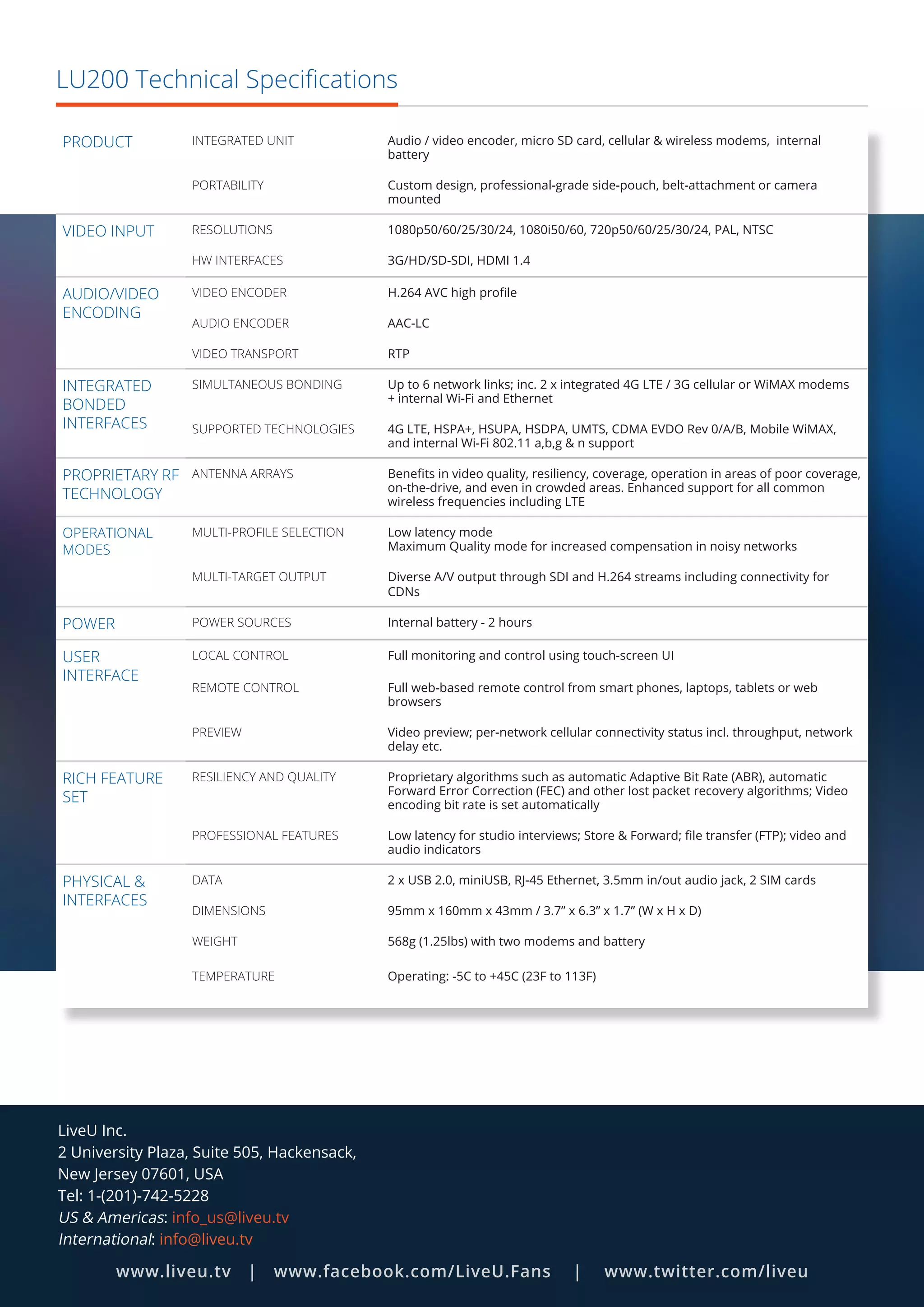 LiveU LU200 Datasheet - Live Webcasting | PDF