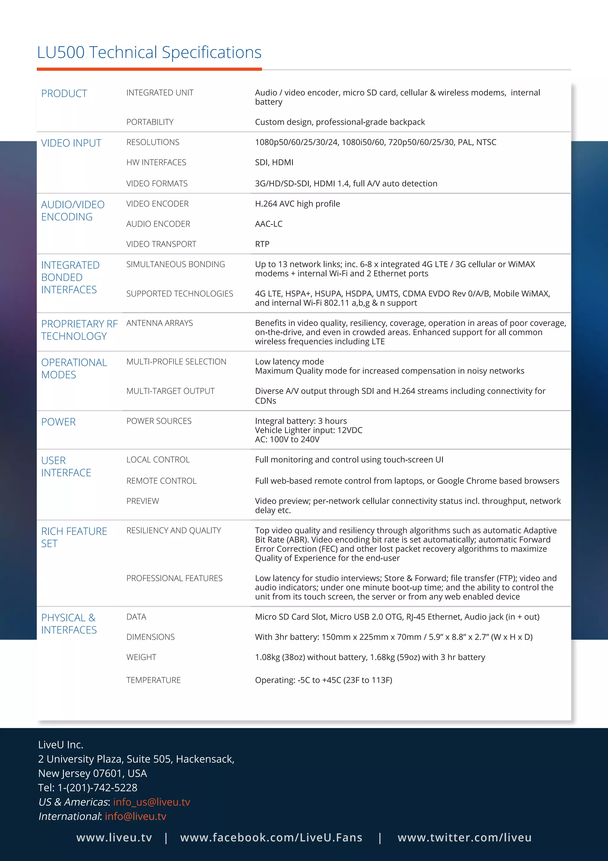 LiveU LU500 Datasheet - Live Outside Broadcast | PDF