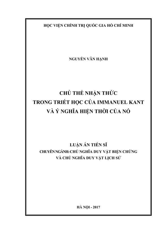Luận án: Chủ thể nhận thức trong triết học của Immanuel Kant | PDF