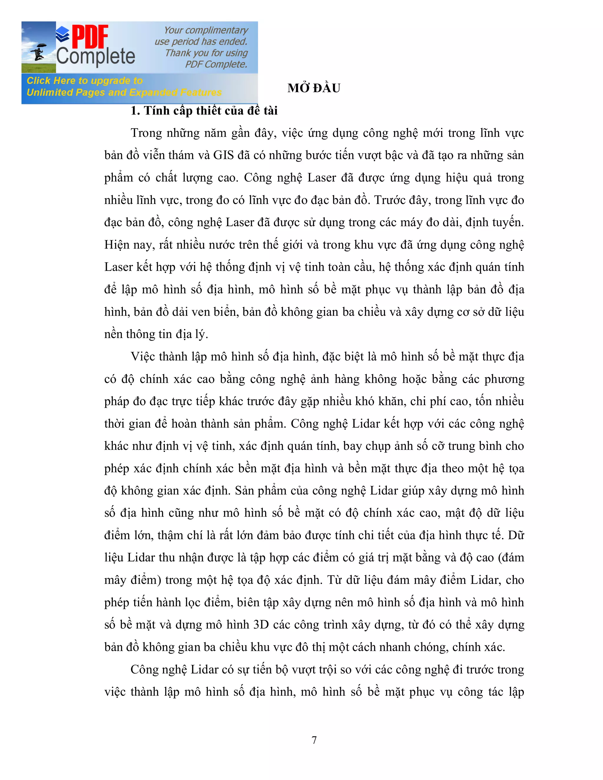 Đề tài: Ứng dụng công nghệ Lidar thành lập bản đồ 3D ở đô thị, 9đ | PDF