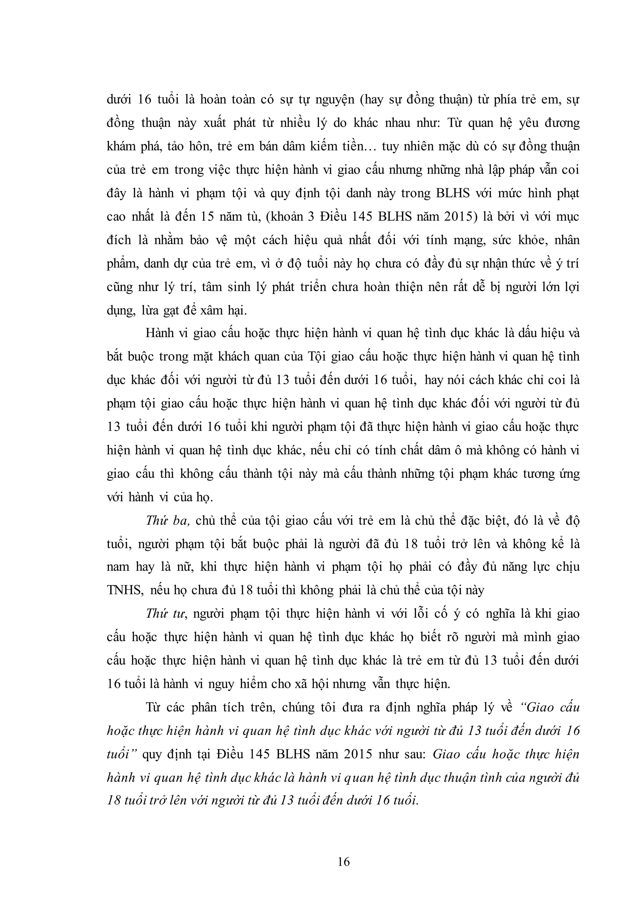Luận văn: Tội giao cấu đối với người từ đủ 13 tuổi đến dưới 16 | PDF