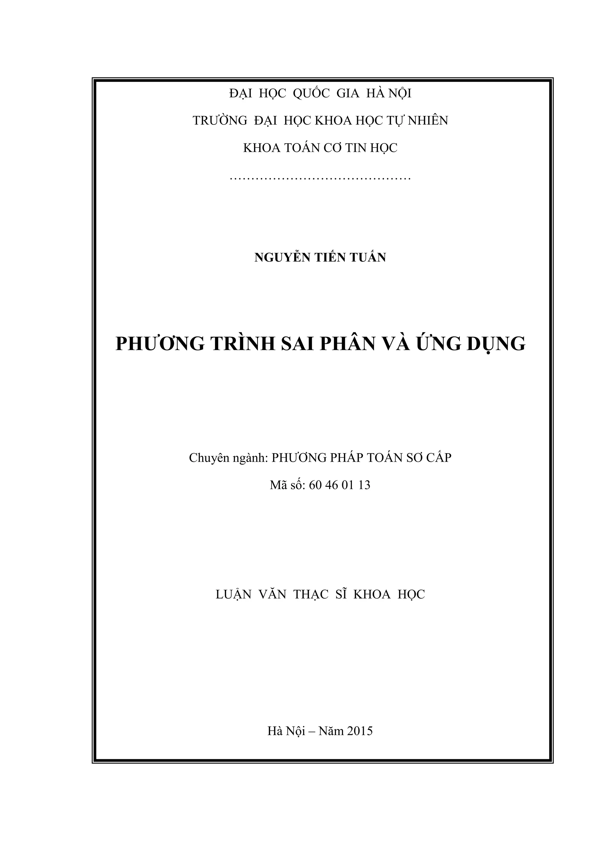 Luận văn: Ứng dụng của phương trình sai phân, HAY, 9đ | PDF