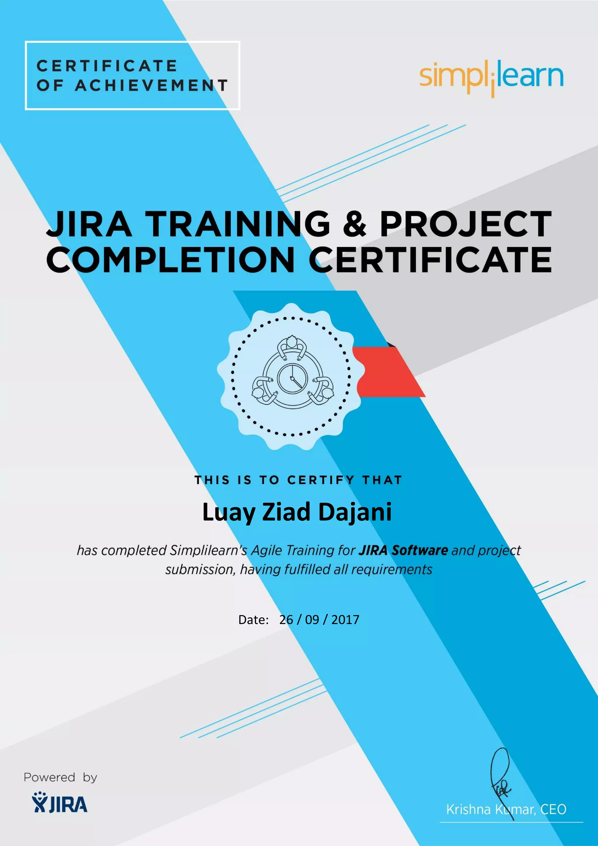 Simplilearn Jira Training & Project Completion Certificate | PDF