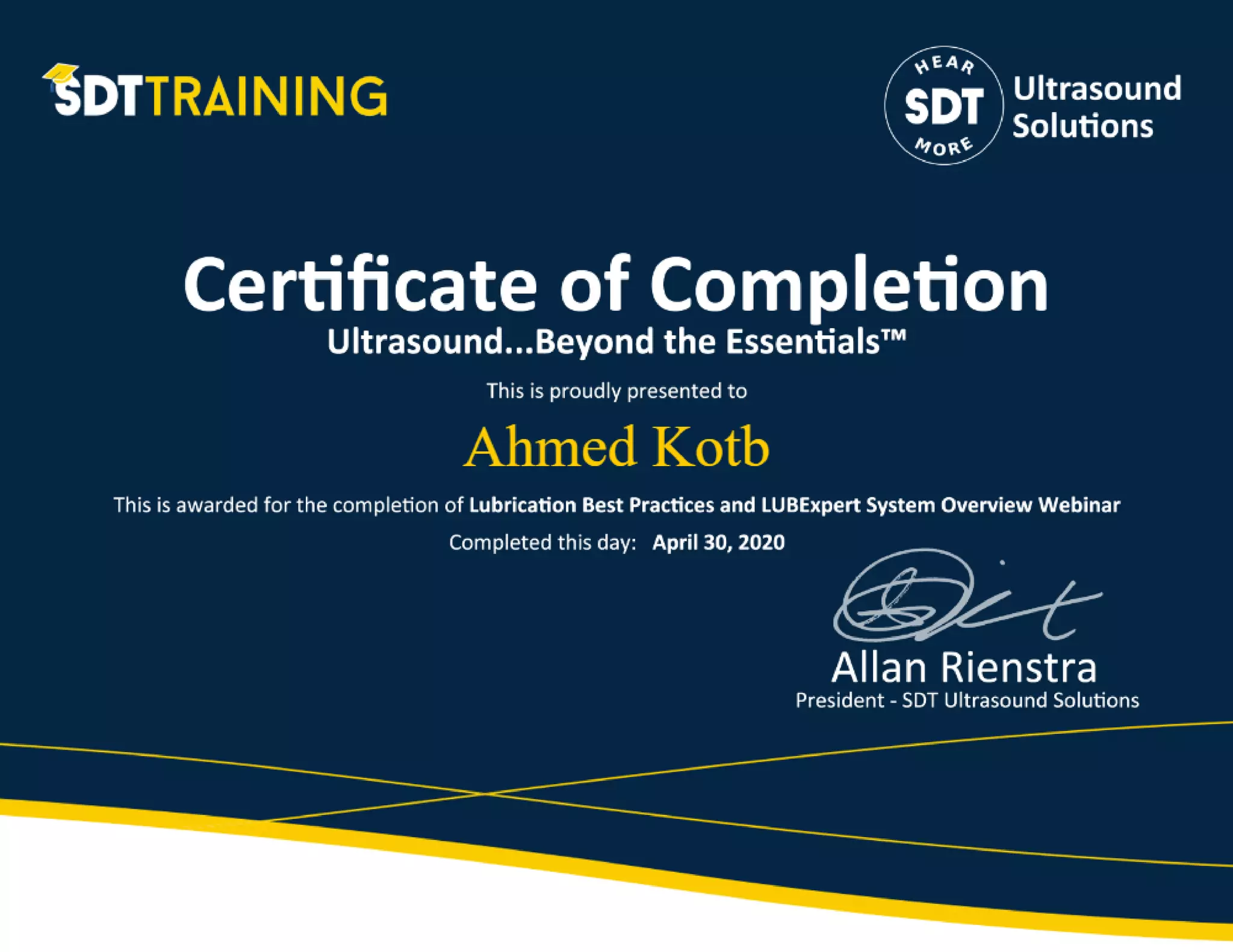 Certificate of Completion "Lubrication best practices and LUBExpert system overview" online ...