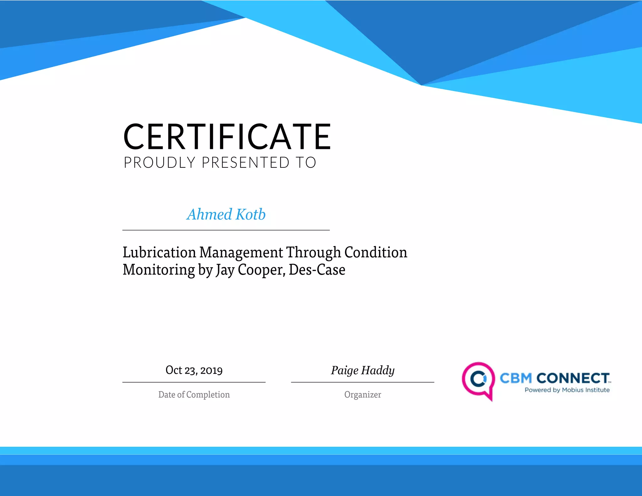 Certificate of Completion: "Lubrication management through condition monitoring" online course ...