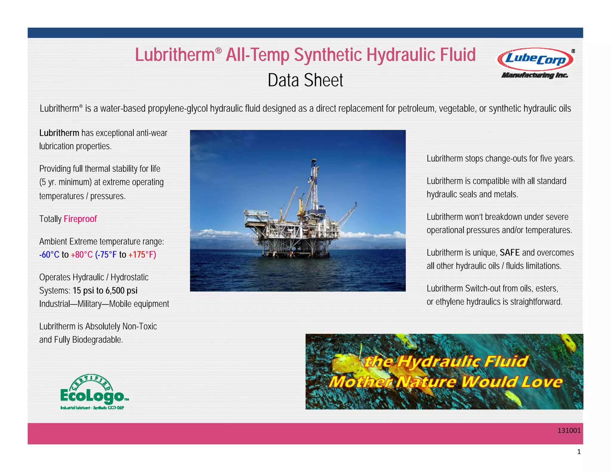 Lubritherm All-Temp Hydraulic Fluid Data Sheet | PDF