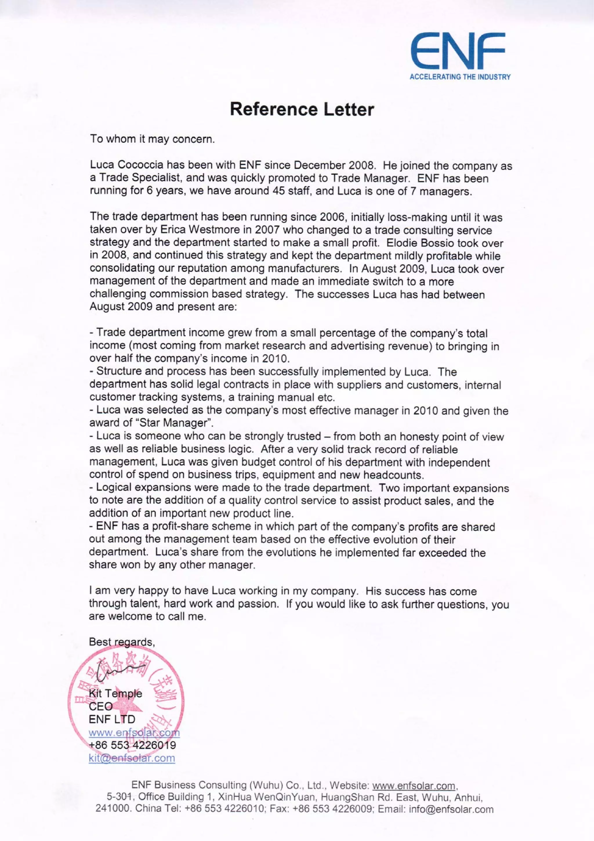 Luca Cococcia En Fltd Reference Letter | PDF