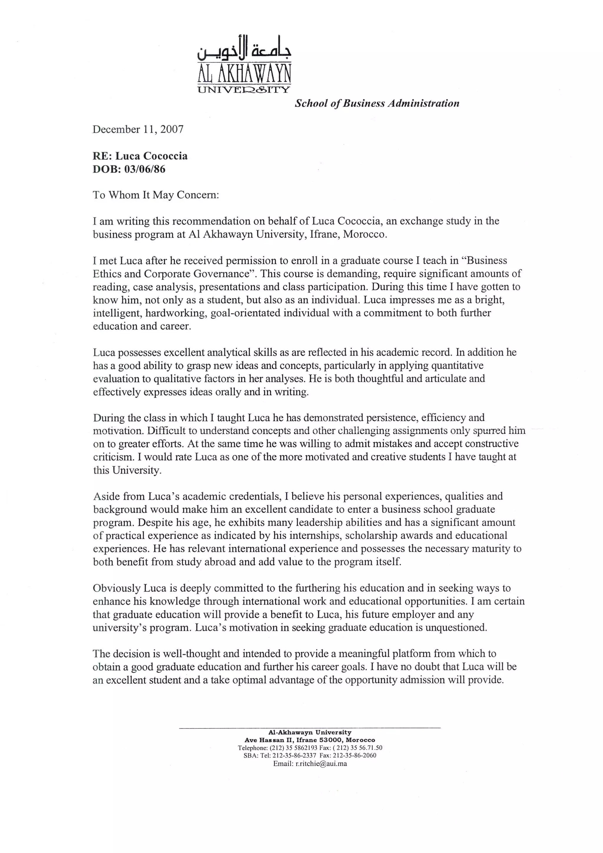 Luca Cococcia Reference Letter | PDF