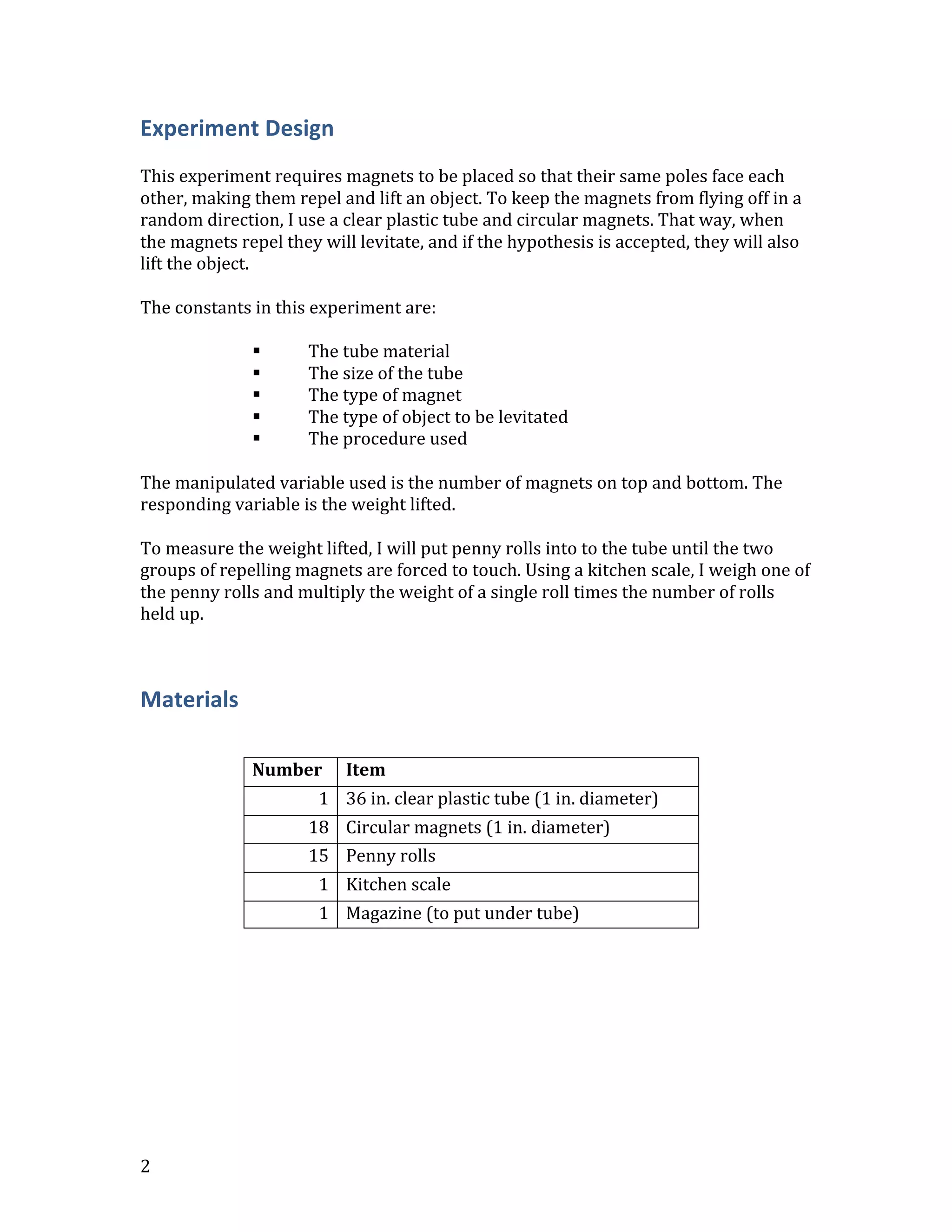The Levitation of Objects Using Magnetic Repulsion | PDF