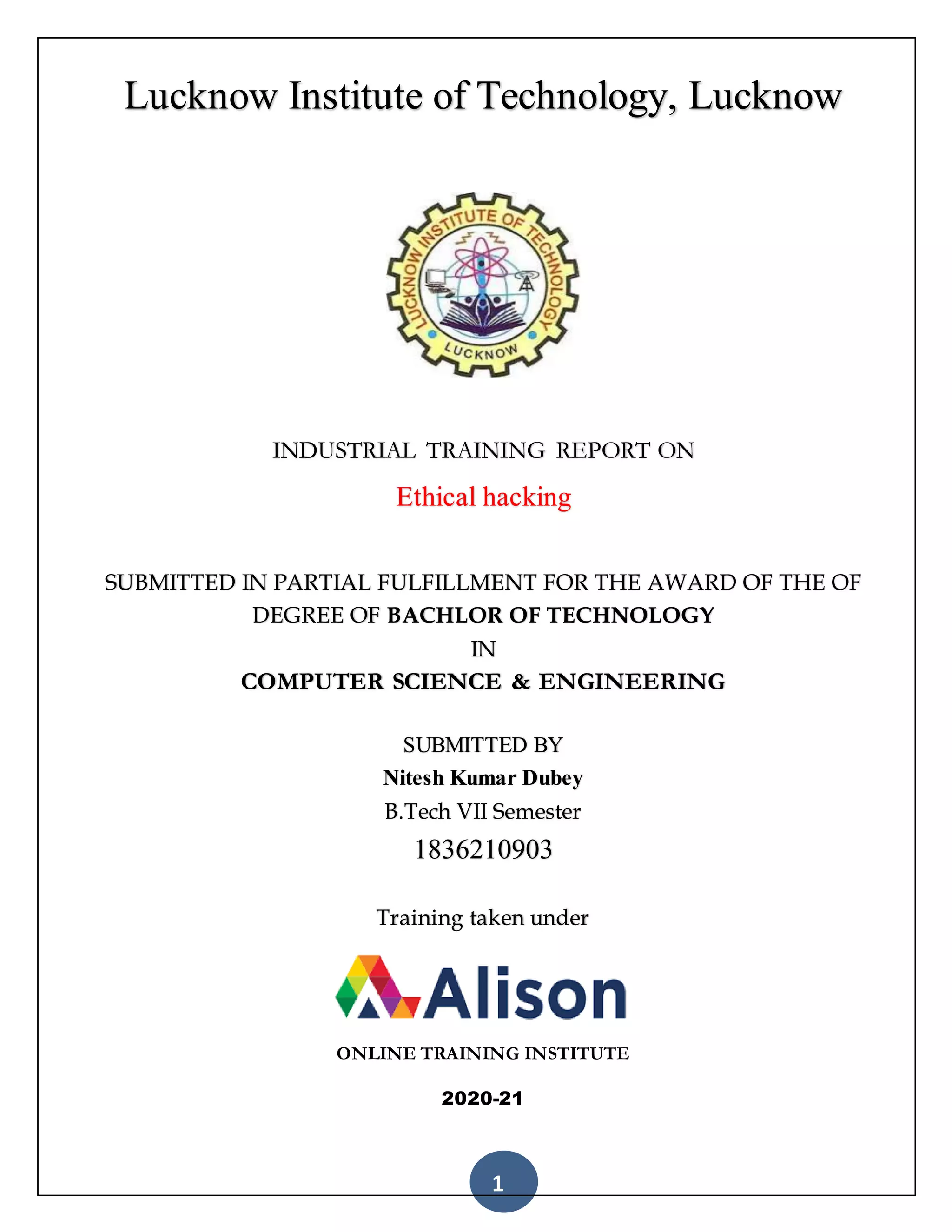 industrial training report on Ethical hacking | DOCX