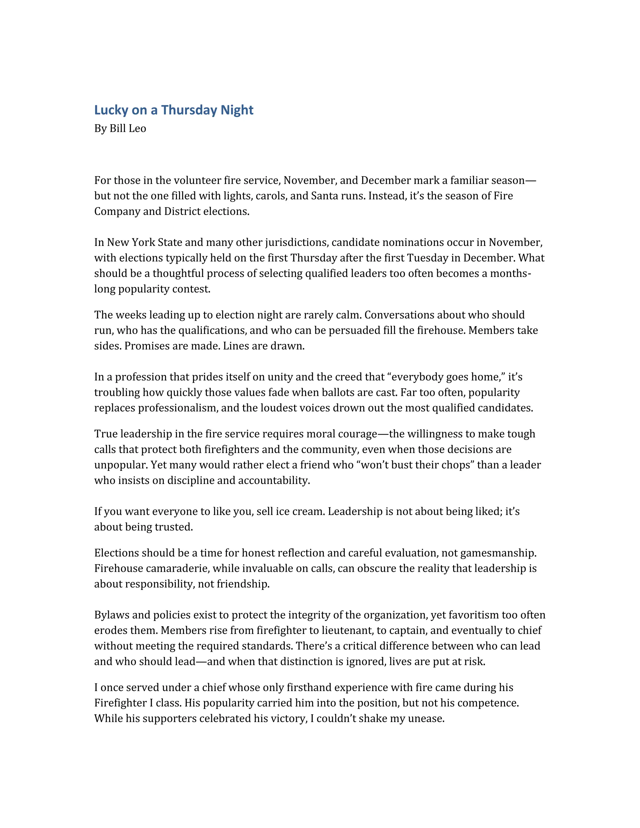 Lucky on a Thursday Night - Volunteer Fire Service Officer Elections | PDF