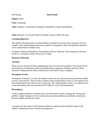 Lesson Plan Algebra | DOC