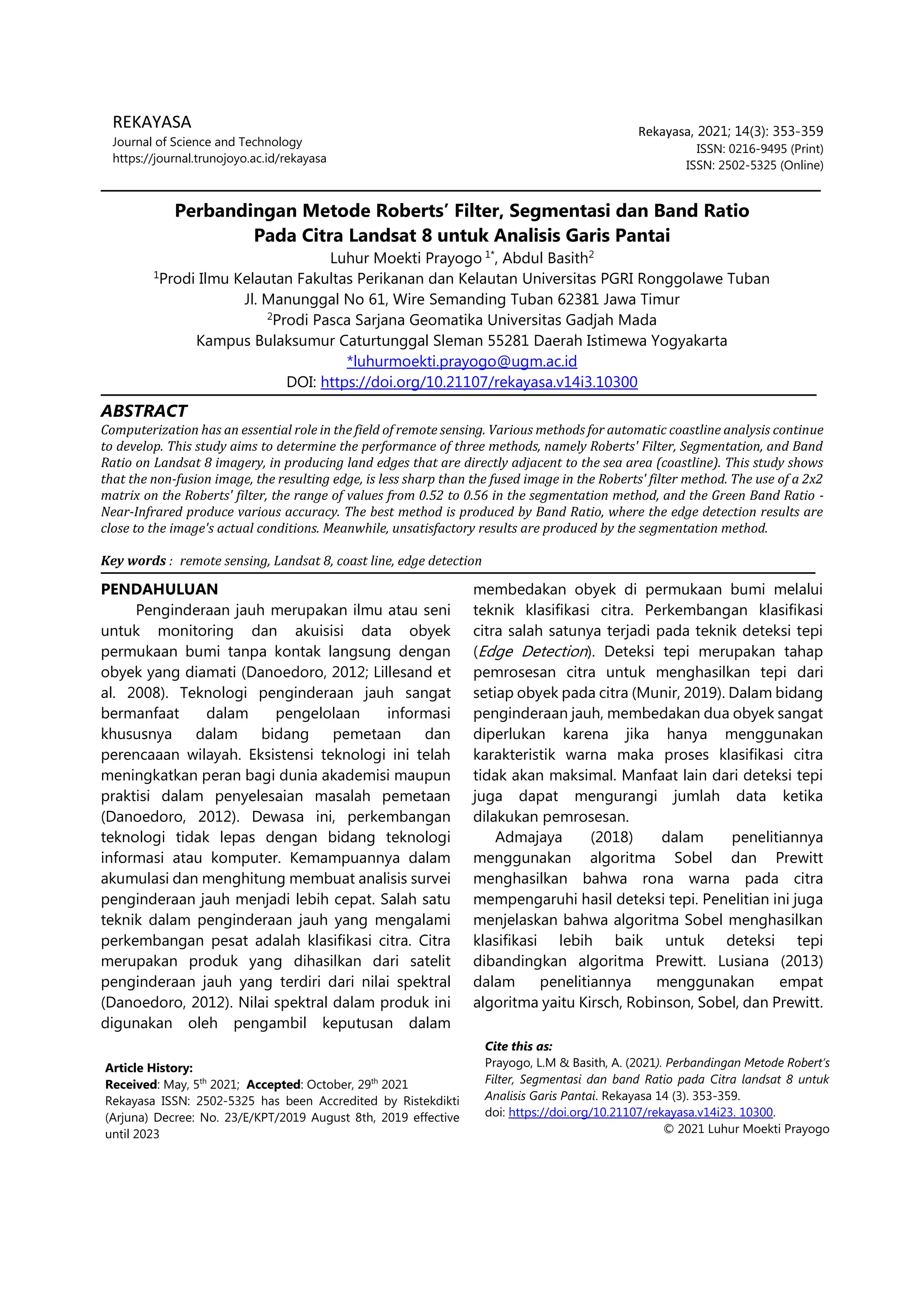 Perbandingan Metode Roberts’ Filter, Segmentasi dan Band Ratio Pada ...