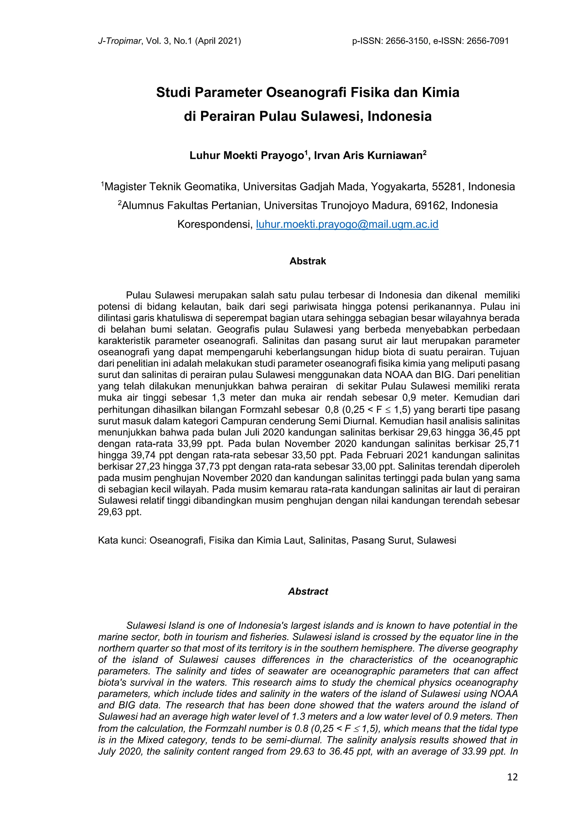 Studi Parameter Oseanografi Fisika dan Kimia di Perairan Pulau Sulawesi ...