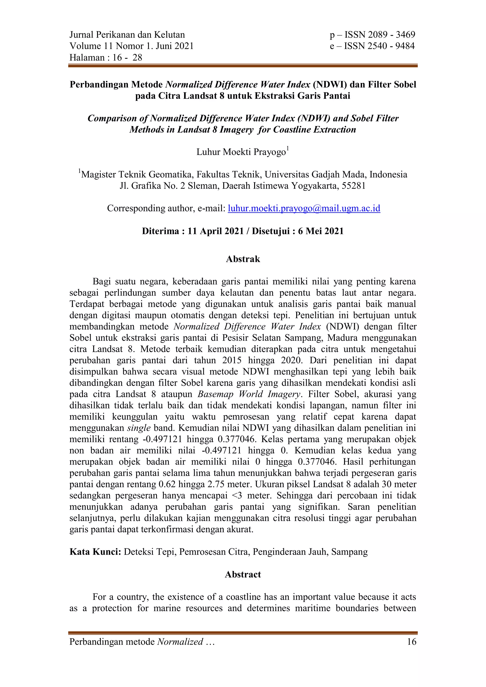 Comparison of Normalized Difference Water Index (NDWI) and Sobel Filter Methods in Landsat 8 ...