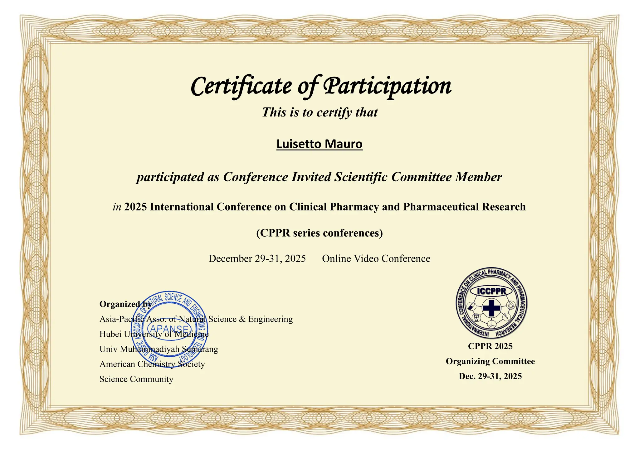 Luisetto M certificate scientific comitee member 2025 conference on ...