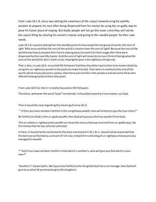 The unjust (worldly smart) Steward (Luke 16:1-8); A role model that ...