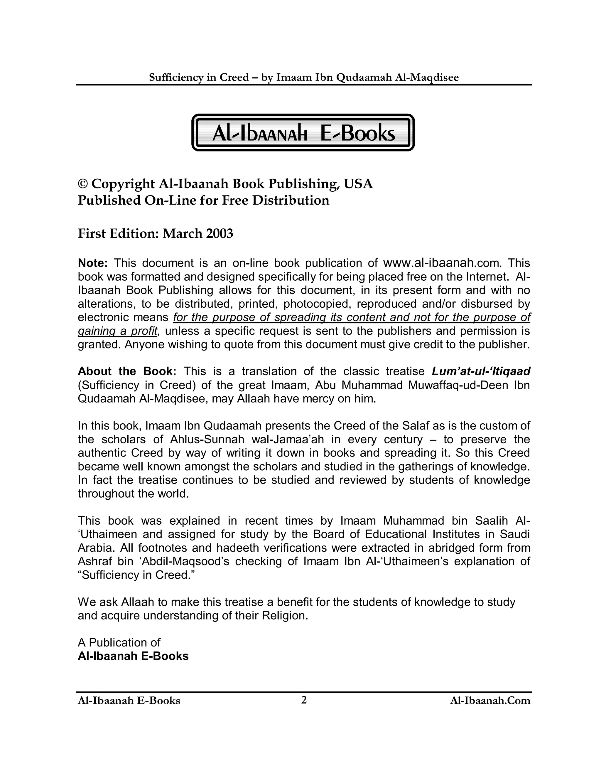 Lumatul itiqaad (Sufficiency of Creed) | PDF