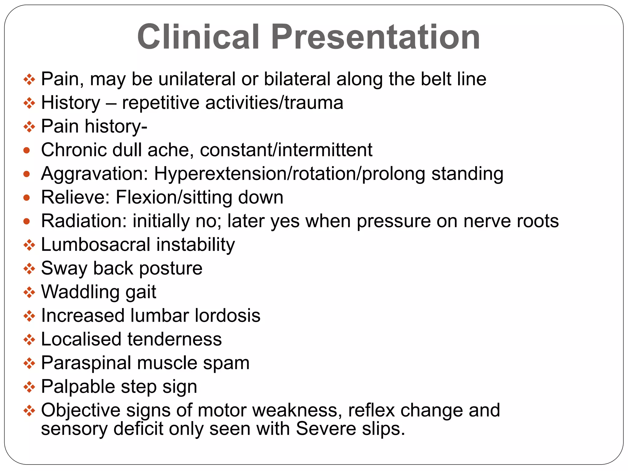 Lumbar Spondylosis, Spondylolisthesis and Radiculopathy | PPTX