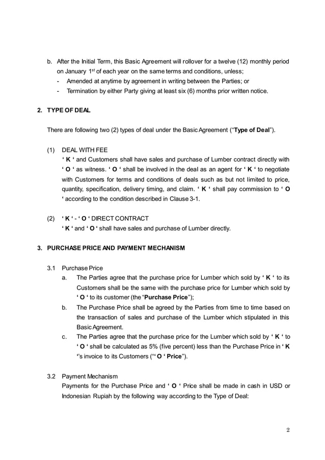 Lumber Sales and Purchase Basic Agreement (Purchase this doc, Text ...
