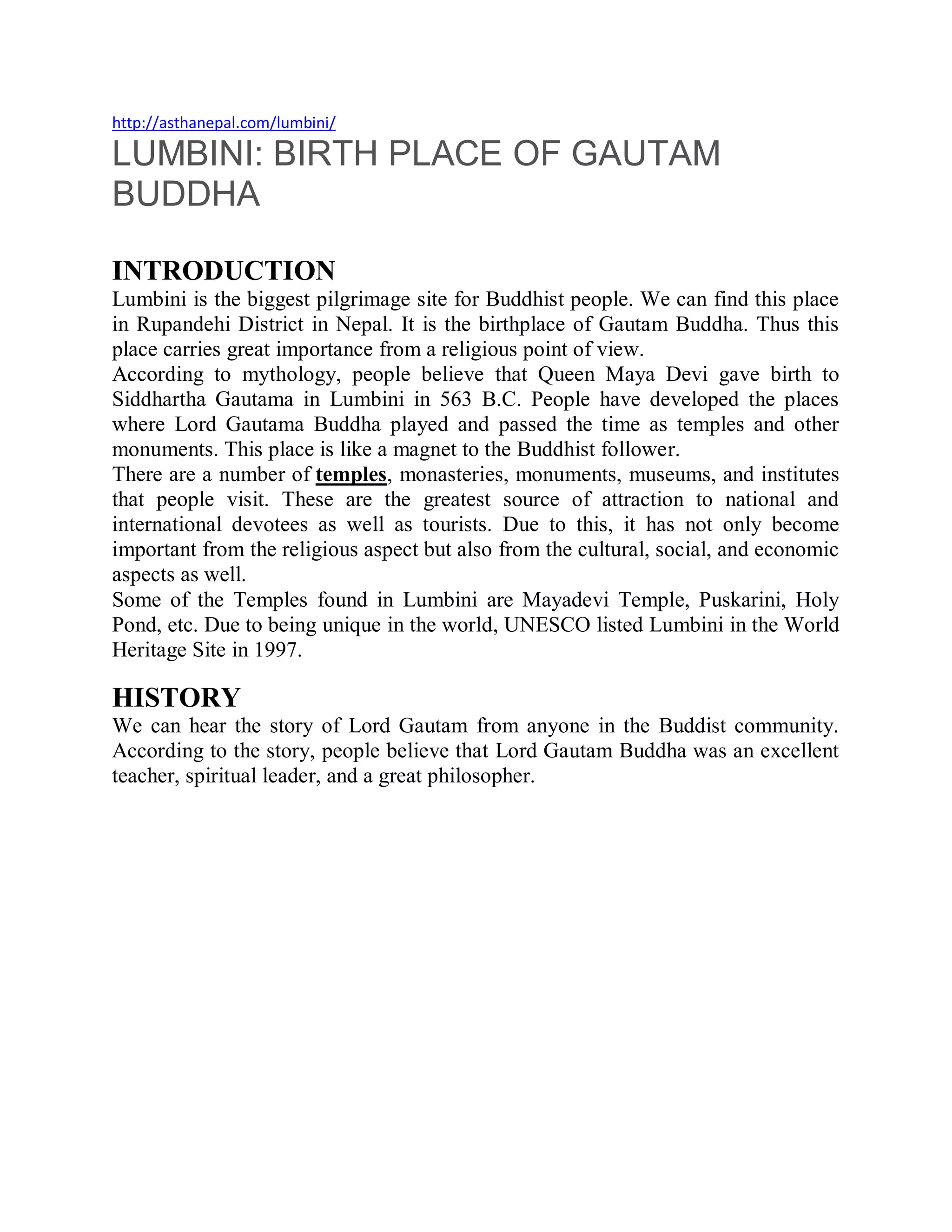LUMBINI: BIRTH PLACE OF GAUTAM BUDDHA | PDF