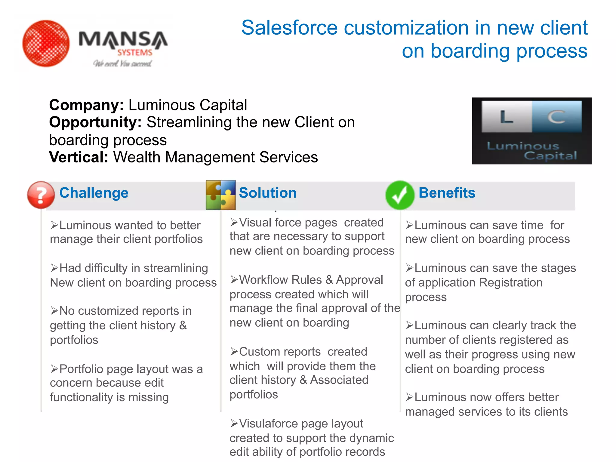 Luminious_Streamlining the new Client on boarding process_ success story | PPT