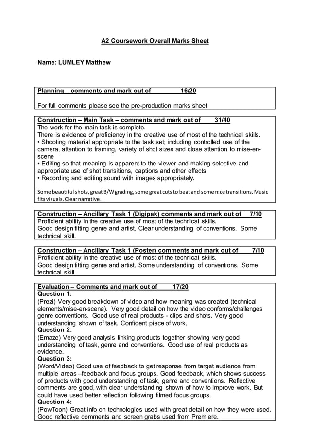 Matthew Lumley Evaluation and Overall Feedback Sheet | PDF