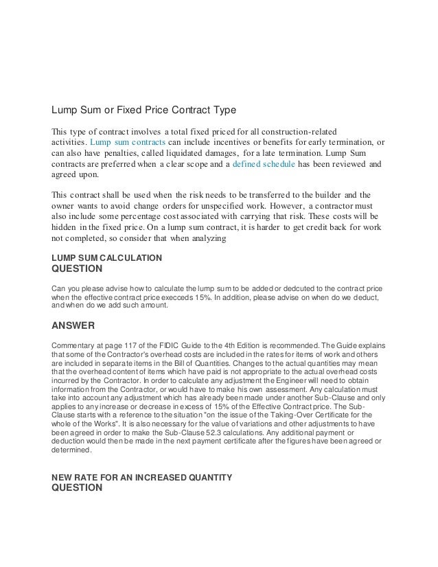 Lump Sum Or Fixed Price Contract Type Lump Sum Or Fixed Price Contract Type