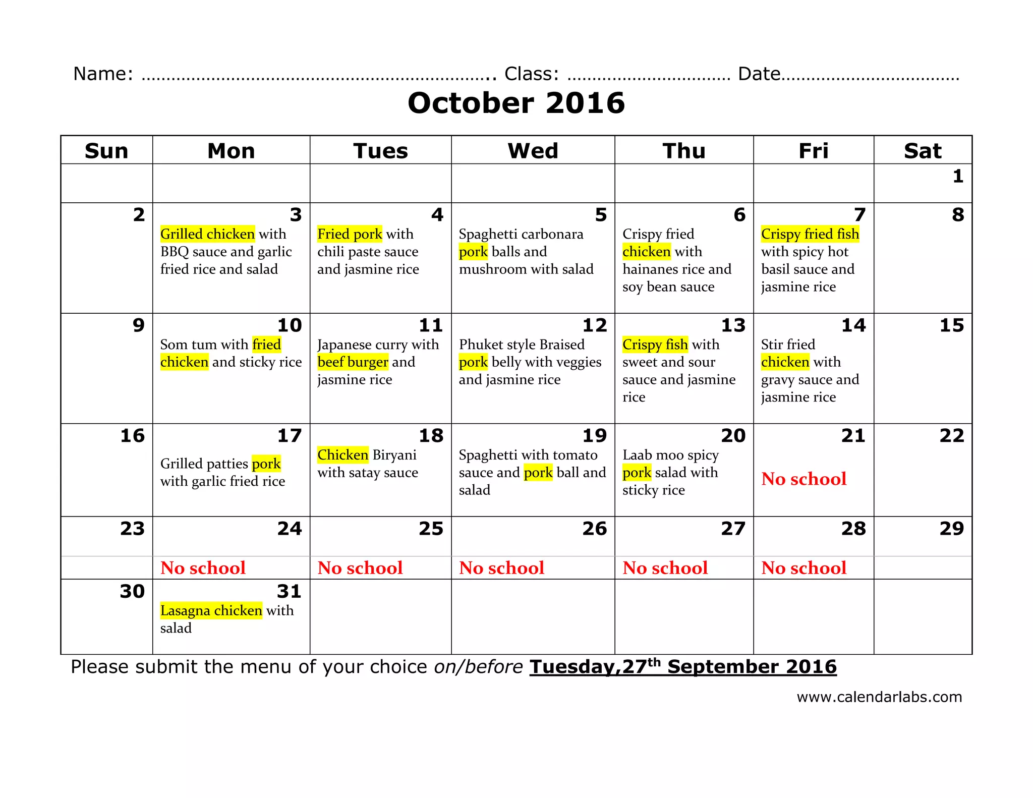 Lunch Menu: October 2016 | PDF