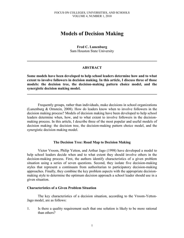 Dr. Fred C. Lunenburg - models of decision making focus v4 n1 2010 | PDF