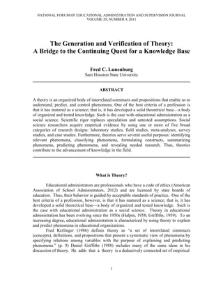 Lunenburg, fred c the generation & verification of theory a bridge to nfeasj v29 n4 2011 | PDF
