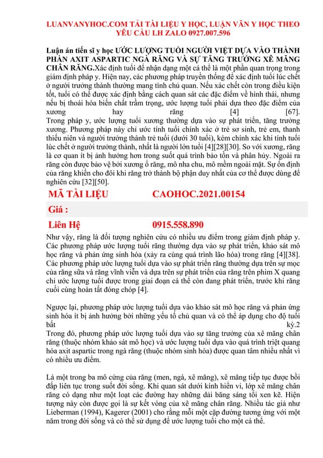 Luận án tiến sĩ y học ƯỚC LƯỢNG TUỔI NGƯỜI VIỆT DỰA VÀO THÀNH PHẦN AXIT ASPARTIC NGÀ RĂNG VÀ SỰ ...