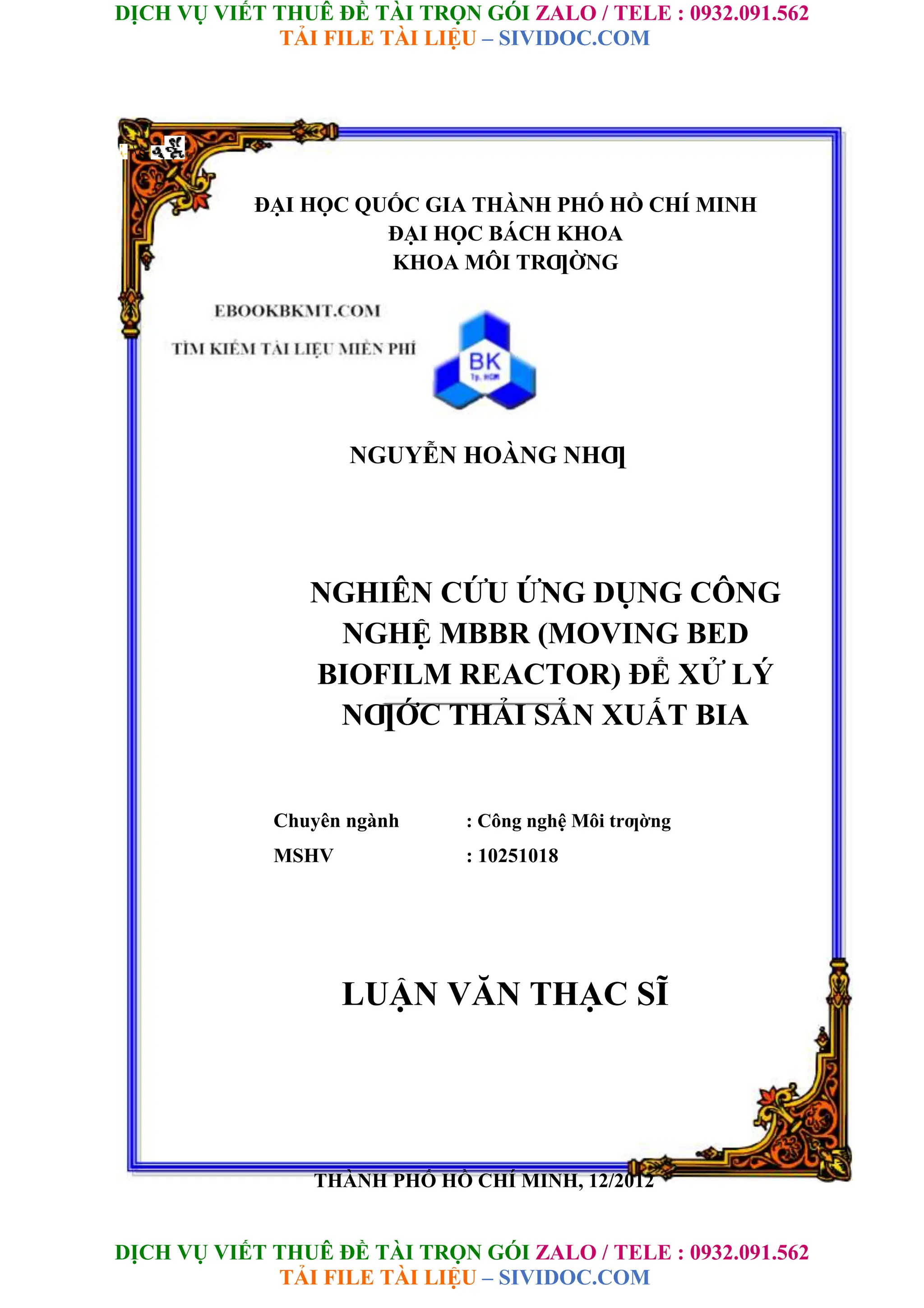 LUẬN VĂN - Nghiên cứu ứng dụng công nghệ MBBR (moving bed biofilm reactor) để xử lý nước thải ...