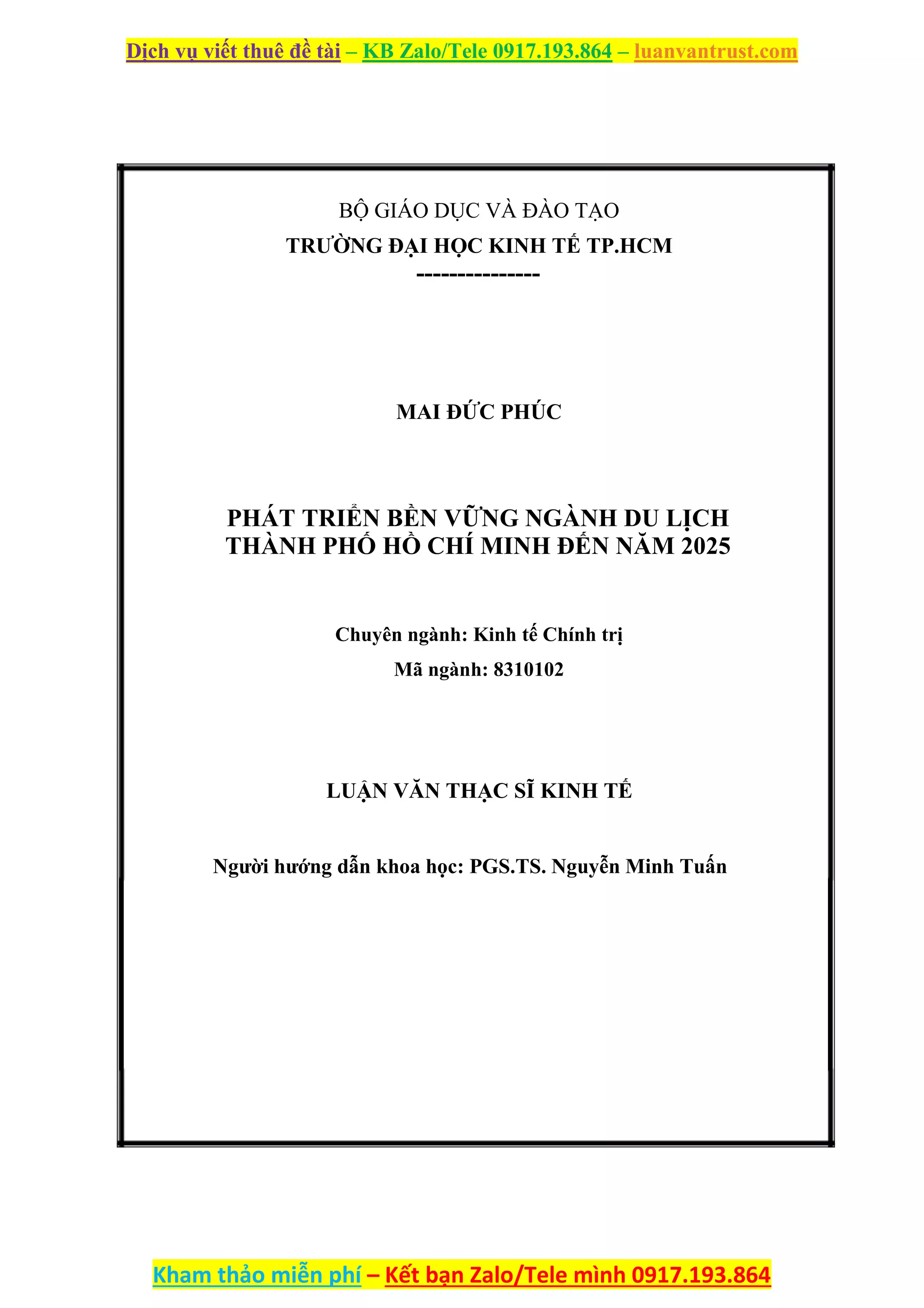 Luận văn Phát Triển Bền Vững Ngành Du Lịch Thành HCM Đến Năm 2025.doc